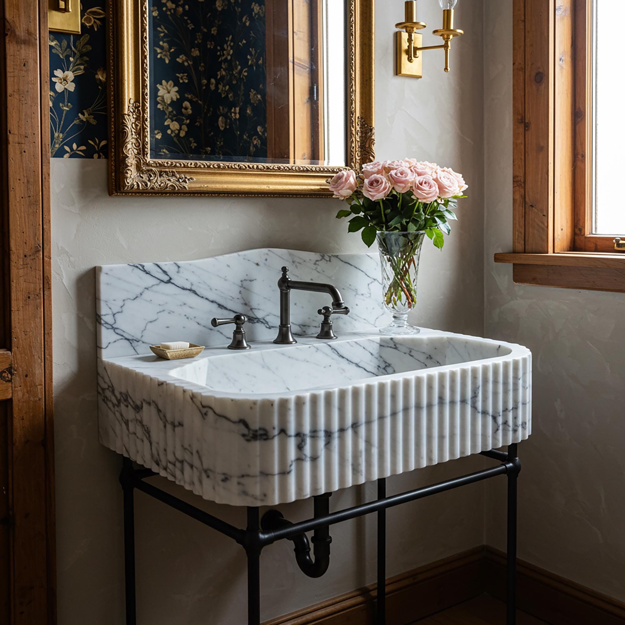 Calacatta Viola Fluted Marble Console Sink (Integrated Backsplash ...