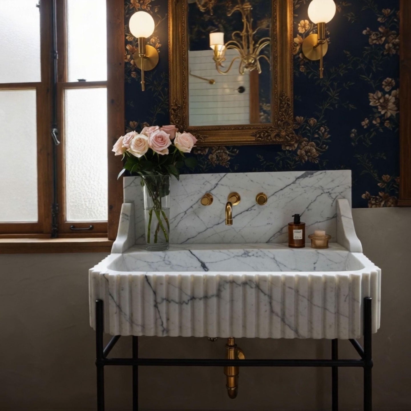 Calacatta Marble Fluted Console Sink (Integrated Backsplash & Metal ...